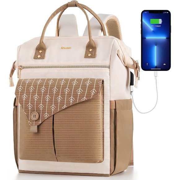 Bags | Women 17 Inch Khaki Beige Laptop Backpack With Usb Port | Poshmark